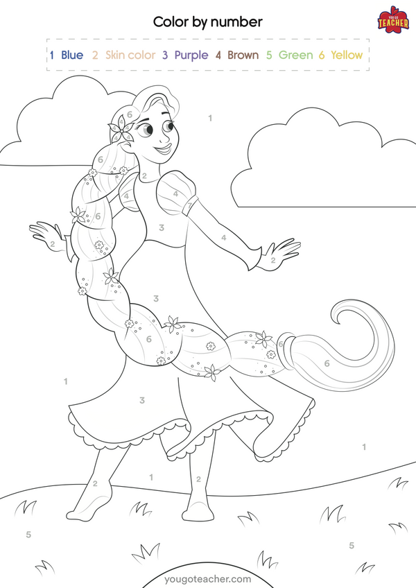 Color by Number Disney Princesses - Printable Number Coloring Worksheets